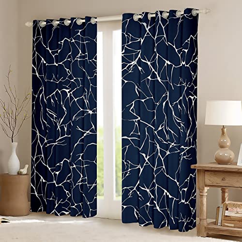 Erosebridal Silver Metallic Marble Blackout Curtains 104"X84" Navy Blue Silver Glitter Curtains,Abstract Marble Texture Design Curtains & Drapes Marble Home Decor