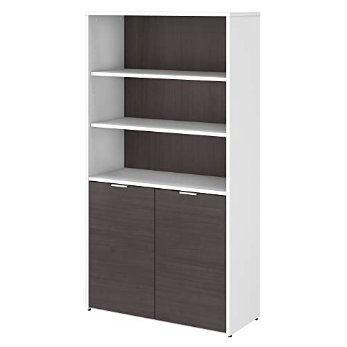 Bush Business Furniture Jamestown 5 Shelf Bookcase with Doors in White and Storm Gray