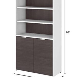 Bush Business Furniture Jamestown 5 Shelf Bookcase with Doors in White and Storm Gray