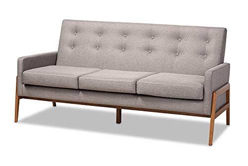 Baxton Studio Perris Mid-Century Modern Light Grey Fabric Upholstered Walnut Finished Wood Sofa