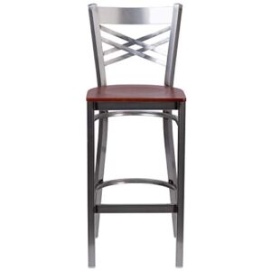 Flash Furniture 2 Pk. HERCULES Series Clear Coated ''X'' Back Metal Restaurant Barstool - Cherry Wood Seat