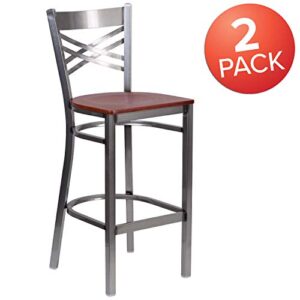 Flash Furniture 2 Pk. HERCULES Series Clear Coated ''X'' Back Metal Restaurant Barstool - Cherry Wood Seat