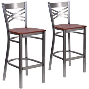 Flash Furniture 2 Pk. HERCULES Series Clear Coated ''X'' Back Metal Restaurant Barstool - Cherry Wood Seat