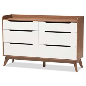 baxton studio brighton 6-drawer storage dresser mid-century/white/walnut brown/particle board/mdf with pu paper/