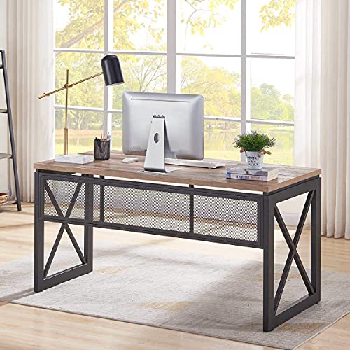 BON AUGURE Industrial Home Office Desks, Rustic Wood Computer Desk, Farmhouse Sturdy Metal Writing Desk (60 Inch, Vintage Oak)