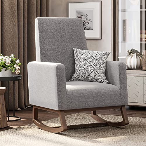 BELLEZE Modern Rocking Chair, Nursery Glider Rocker with Comfortable Padded Seat Solid Wood Base, Fabric Upholstery Arm Chair for Living Room Bedroom Baby Room - Felix (Gray)