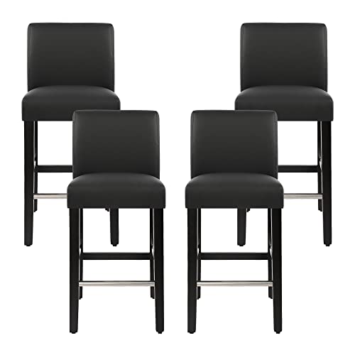 NOBPEINT Contemporary Counter Height bar Stool, Upholstered Faux Leather Barstool with Steel Footrests, 26 inch Seat Height, (Set of 4) Black