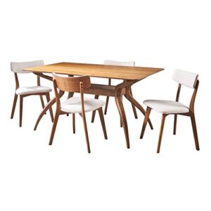 christopher knight home nissie mid-century wood dining set with fabric chairs, 5-pcs set, natural walnut finish / light beige