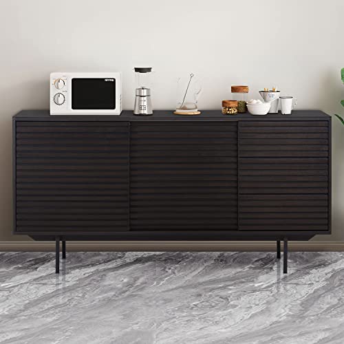 WILLIAMSPACE 62" Mid-Century Modern Wood Cabinet Buffet Sideboard with 3 Drawers & Sliding Barn Door, Entryway Serving Storage Cabinet or TV Stand, Dark Brown