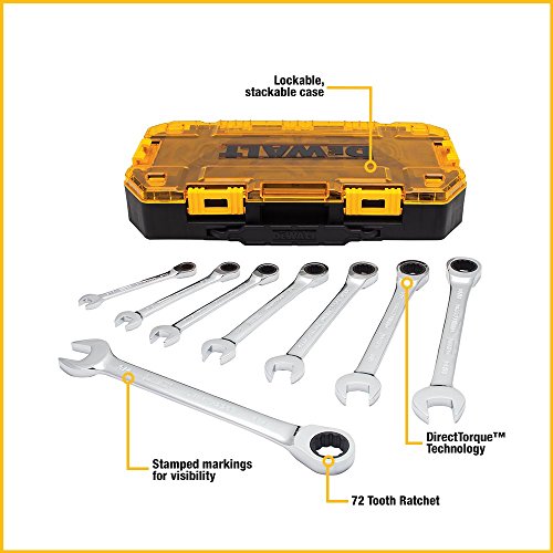 DEWALT Wrench Set, Combination Ratchet Wrench SAE, Direct Torque Technology, Lockable Case Included, 8 Piece (DWMT74733)