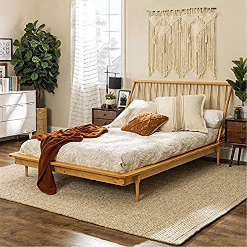 Walker Edison Mid Century Modern Solid Wood Spindle Platform Bed Headboard Footboard Bed Frame Bedroom, Queen, Light Oak