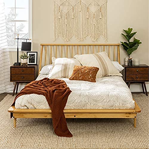 Walker Edison Mid Century Modern Solid Wood Spindle Platform Bed Headboard Footboard Bed Frame Bedroom, Queen, Light Oak