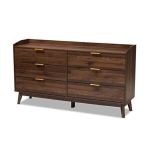 baxton studio lena mid-century modern walnut brown finished 6-drawer wood dresser