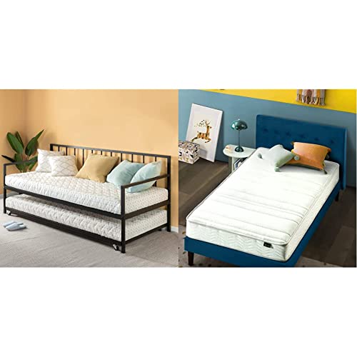 Zinus Eden Metal Daybed with Trundle / Mattress Foundation with Steel Slat Support / Easy Assembly, Twin & 6 Inch Foam and Spring Mattress / CertiPUR-US Certified Foams / Mattress-in-a-Box, Twin