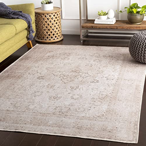 Hauteloom Bethany Traditional Medallion Living Room Bedroom Neutral Area Rug - Machine Washable - Vintage Distressed Faded - Boho Bohemian - Beige, Cream, Cream, Blush - 7'10" x 10'2"