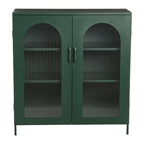 Creative Co-Op Solstice Metal Cabinet with 2 Arched Glass Doors, Dark Green