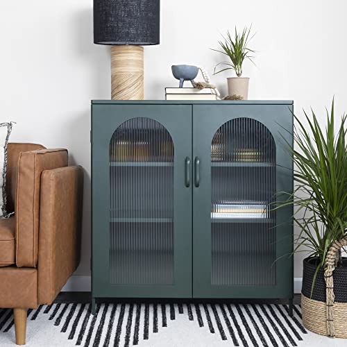 Creative Co-Op Solstice Metal Cabinet with 2 Arched Glass Doors, Dark Green