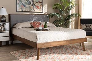 baxton studio alke mid-century modern light grey fabric upholstered walnut brown finished wood king size platform bed