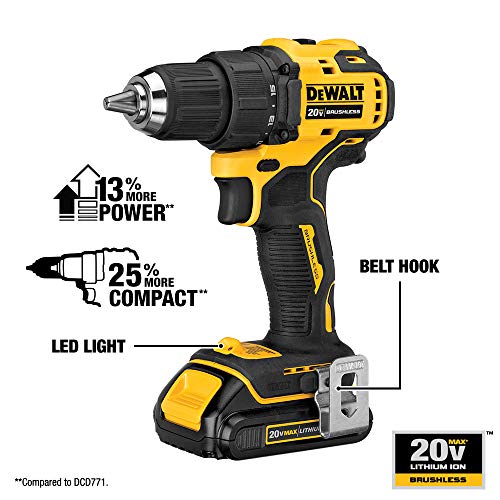 DEWALT 20V MAX* Cordless Drill / Driver Kit, Compact, 1/2-Inch (DCD708C2)