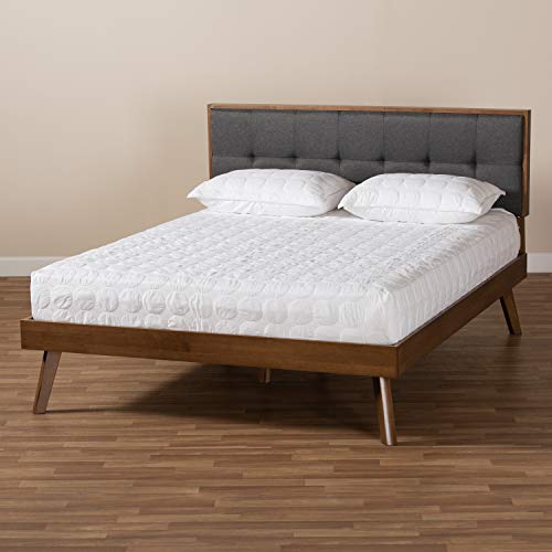 Baxton Studio Alke Mid-Century Modern Dark Grey Fabric Upholstered Walnut Brown Finished Wood Full Size Platform Bed