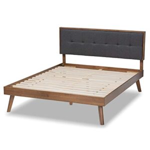 Baxton Studio Alke Mid-Century Modern Dark Grey Fabric Upholstered Walnut Brown Finished Wood Full Size Platform Bed