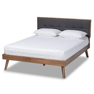 Baxton Studio Alke Mid-Century Modern Dark Grey Fabric Upholstered Walnut Brown Finished Wood Full Size Platform Bed