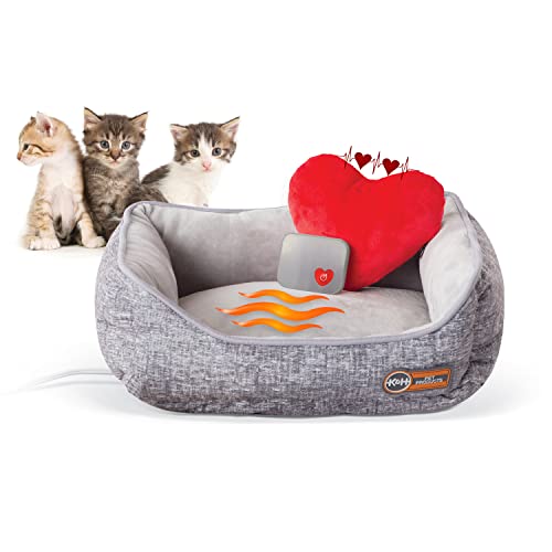 K&H PET PRODUCTS Mother's Heartbeat Heated Cat Bed with Heart Pillow Heartbeat Kitten Toy Gray 11 X 13 Inches w/Cat Heartbeat Rhythm