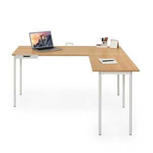 zinus dominic 59 inch white metal corner desk with storage drawer / l-shaped computer desk / office desk / easy, bolt free assembly, natural