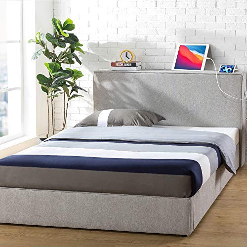 ZINUS Finley Upholstered Platform Bed Frame with Headboard Shelf / USB Ports Included / Wood Slat Support / No Box Spring Needed / Easy Assembly, Queen