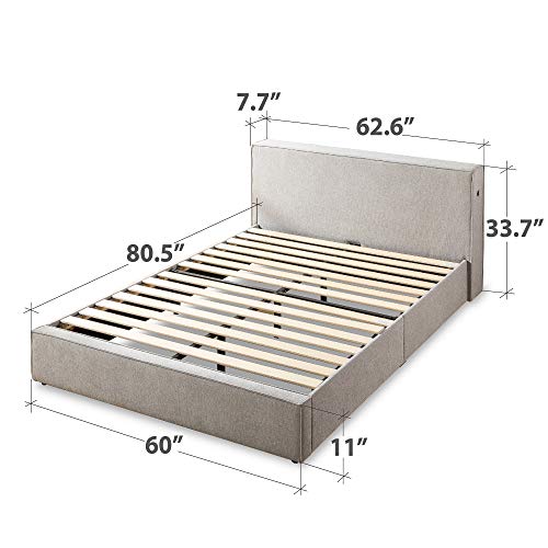 ZINUS Finley Upholstered Platform Bed Frame with Headboard Shelf / USB Ports Included / Wood Slat Support / No Box Spring Needed / Easy Assembly, Queen