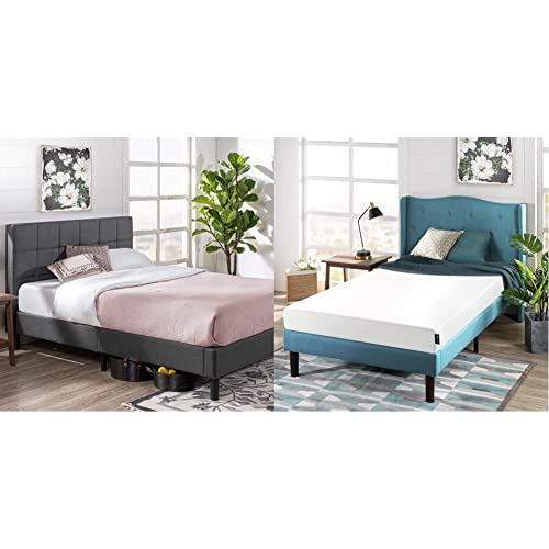 ZINUS Lottie Upholstered Platform Bed Frame, Grey, Twin & 6 Inch Green Tea Memory Foam Mattress / CertiPUR-US Certified / Bed-in-a-Box / Pressure Relieving, Twin, White