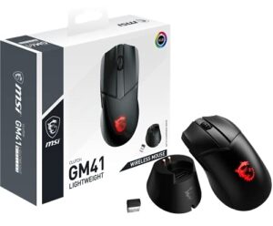 msi clutch gm41 lightweight wireless gaming mouse & charging dock, 20,000 dpi, 60m omron switches, fast-charging 80hr battery, rgb mystic light, 6 programmable buttons, pc/mac