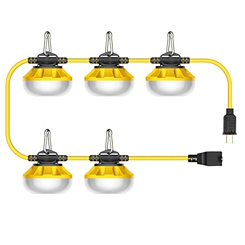 Construction Lights String Temporary Lighting - 50ft Work Light Stringer with 5 Integrated Jobsite LED Lights, 5000LM Super Bright Led Work Lights Carabiner Hooks Included-5 Lights