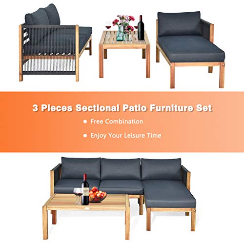 Tangkula L Shape Outdoor Furniture Set, 3 Piece Acacia Wood Patio Conversation Set, with 2 loveseats and Coffee Table, Garden Backyard Poolside Patio Seating Set