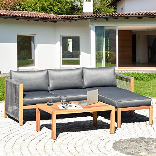 Tangkula L Shape Outdoor Furniture Set, 3 Piece Acacia Wood Patio Conversation Set, with 2 loveseats and Coffee Table, Garden Backyard Poolside Patio Seating Set