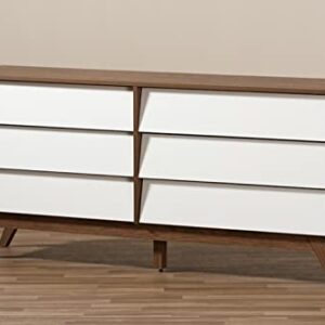 Baxton Studio Hildon Modern 6-Drawer Storage Dresser Mid-Century/Particle Board/MDF with PU Paper/White/Walnut Brown