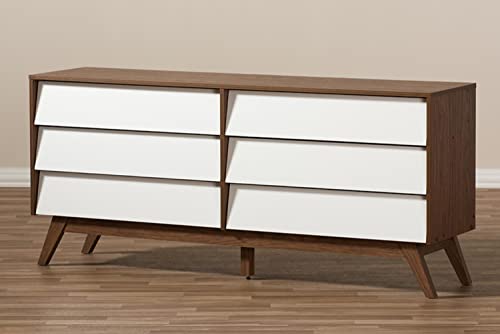 Baxton Studio Hildon Modern 6-Drawer Storage Dresser Mid-Century/Particle Board/MDF with PU Paper/White/Walnut Brown