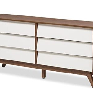 Baxton Studio Hildon Modern 6-Drawer Storage Dresser Mid-Century/Particle Board/MDF with PU Paper/White/Walnut Brown