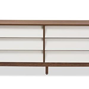 Baxton Studio Hildon Modern 6-Drawer Storage Dresser Mid-Century/Particle Board/MDF with PU Paper/White/Walnut Brown