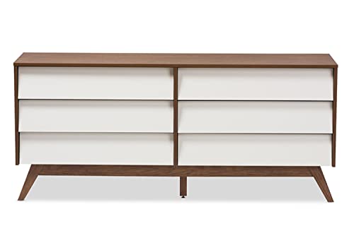 Baxton Studio Hildon Modern 6-Drawer Storage Dresser Mid-Century/Particle Board/MDF with PU Paper/White/Walnut Brown