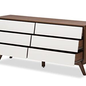 Baxton Studio Hildon Modern 6-Drawer Storage Dresser Mid-Century/Particle Board/MDF with PU Paper/White/Walnut Brown