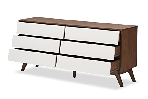 Baxton Studio Hildon Modern 6-Drawer Storage Dresser Mid-Century/Particle Board/MDF with PU Paper/White/Walnut Brown