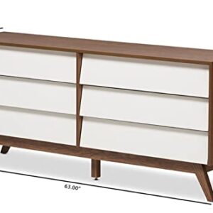 Baxton Studio Hildon Modern 6-Drawer Storage Dresser Mid-Century/Particle Board/MDF with PU Paper/White/Walnut Brown