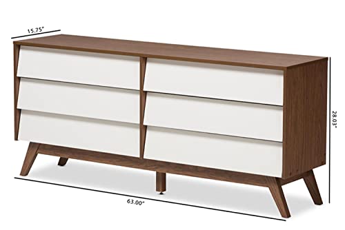 Baxton Studio Hildon Modern 6-Drawer Storage Dresser Mid-Century/Particle Board/MDF with PU Paper/White/Walnut Brown