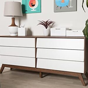 Baxton Studio Hildon Modern 6-Drawer Storage Dresser Mid-Century/Particle Board/MDF with PU Paper/White/Walnut Brown