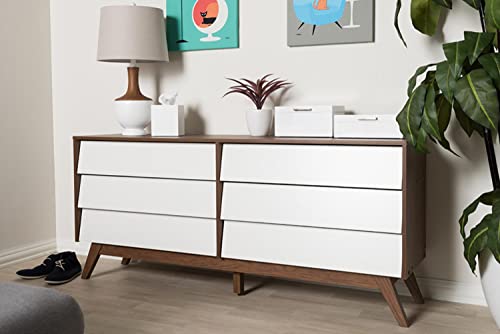 Baxton Studio Hildon Modern 6-Drawer Storage Dresser Mid-Century/Particle Board/MDF with PU Paper/White/Walnut Brown