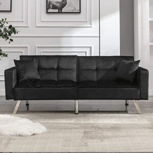 civama futon sofa bed, 74″ modern velvet convertible folding lounge couch, upholstered twin size sleeper sofa with arm 2 pillows split back design and silver metal legs for compact space, black