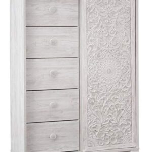 Signature Design by Ashley Paxberry Boho 5 Drawer Dressing Chest with Slider Door & 3 Adjustable Shelves, Whitewash