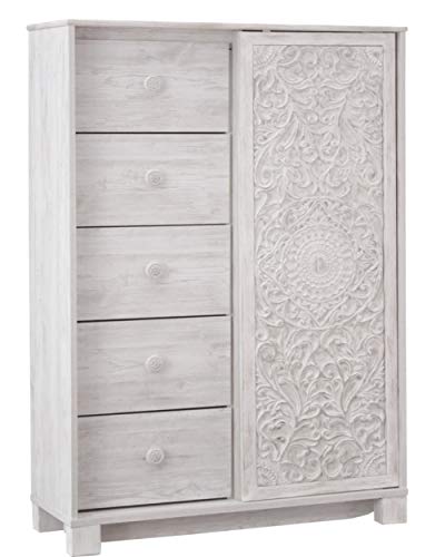 Signature Design by Ashley Paxberry Boho 5 Drawer Dressing Chest with Slider Door & 3 Adjustable Shelves, Whitewash