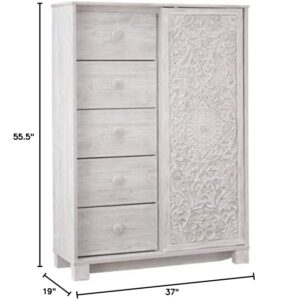 Signature Design by Ashley Paxberry Boho 5 Drawer Dressing Chest with Slider Door & 3 Adjustable Shelves, Whitewash